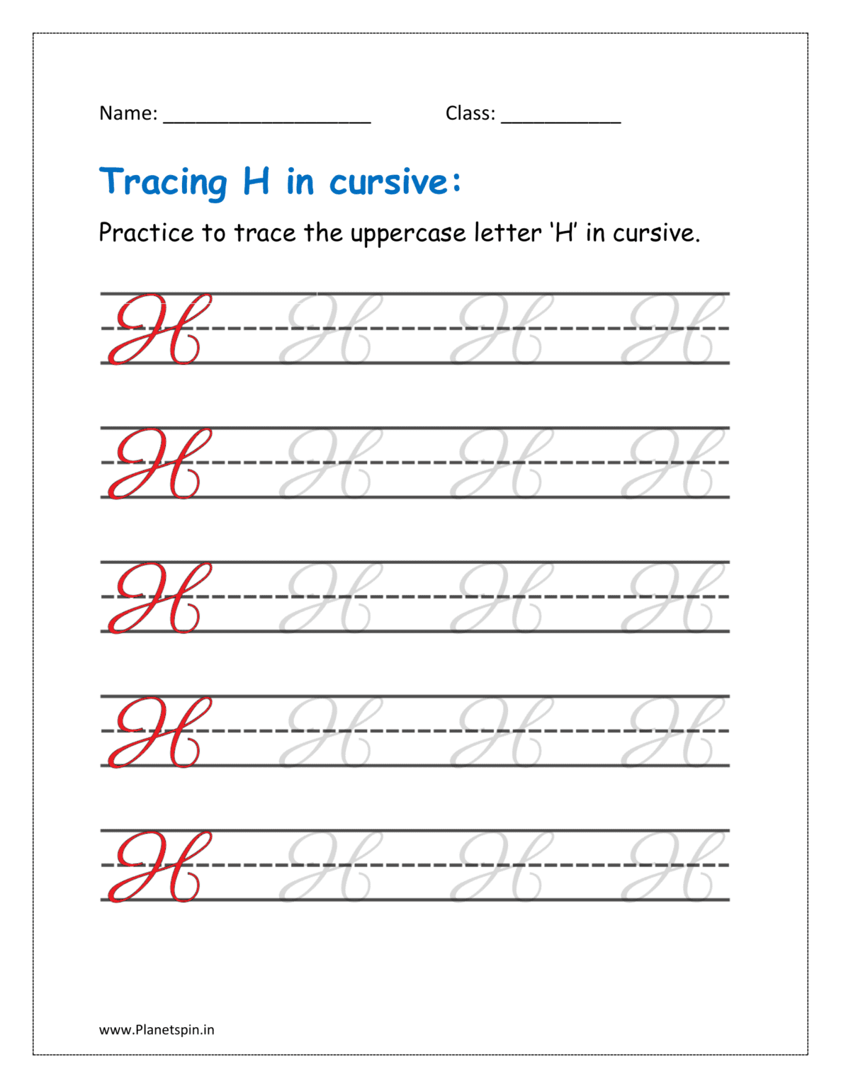 Printable cursive letter h worksheet | Planetspin.in
