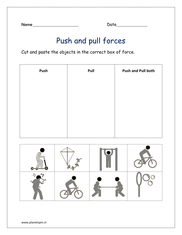 Force and motion worksheets - Push and Pull | Planetspin.in
