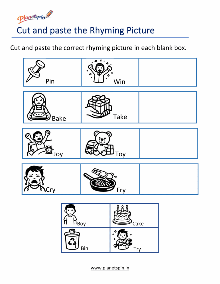 Rhyming worksheet cut and paste activity for kindergarten