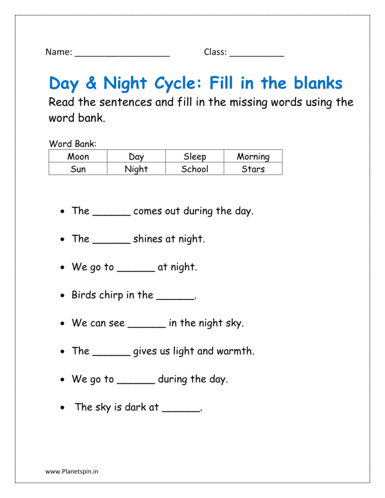 Day and night worksheet for grade 1 | Planetspin.in