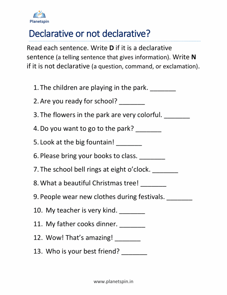 Declarative sentences worksheet for grade 2 | Planetspin.in