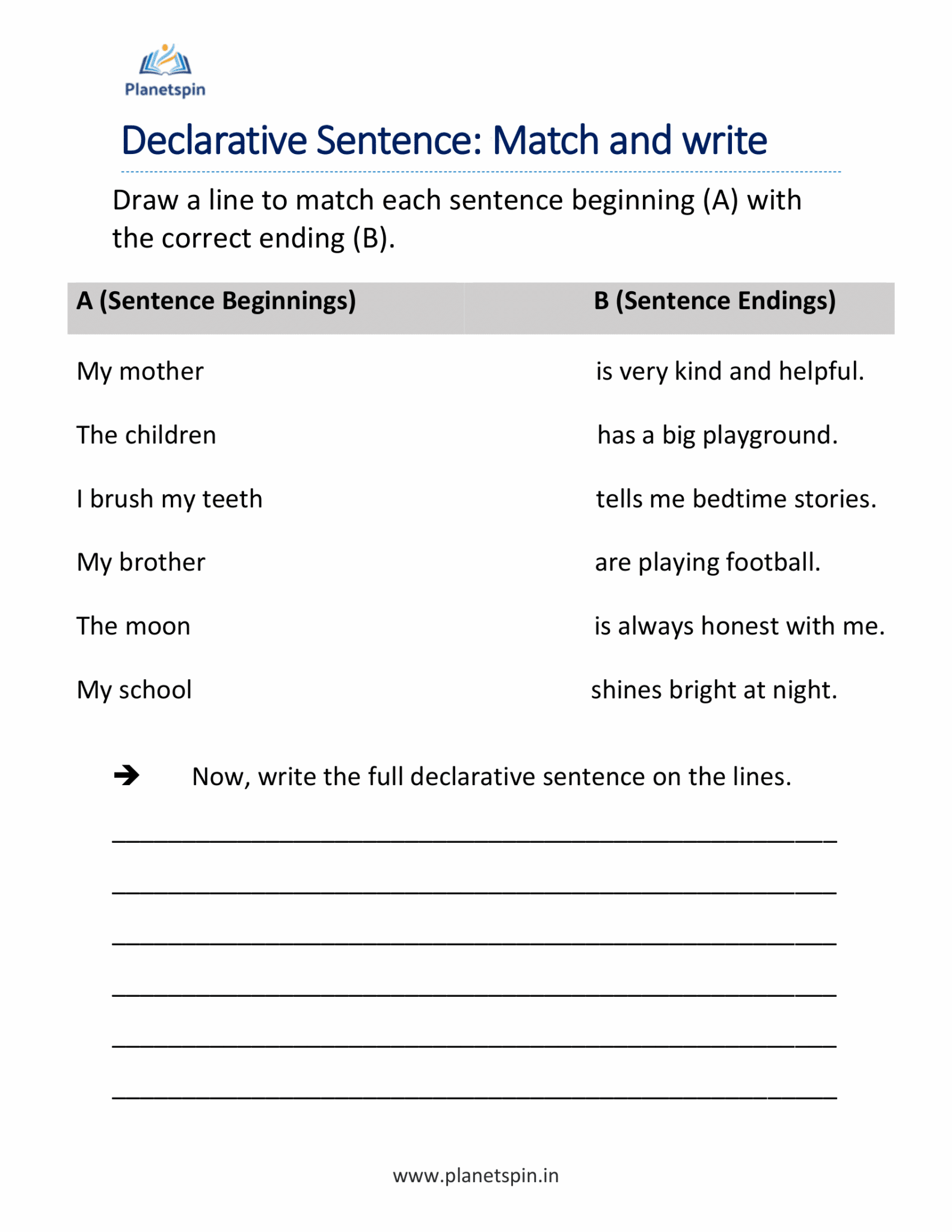 Declarative sentences worksheet for grade 2 | Planetspin.in