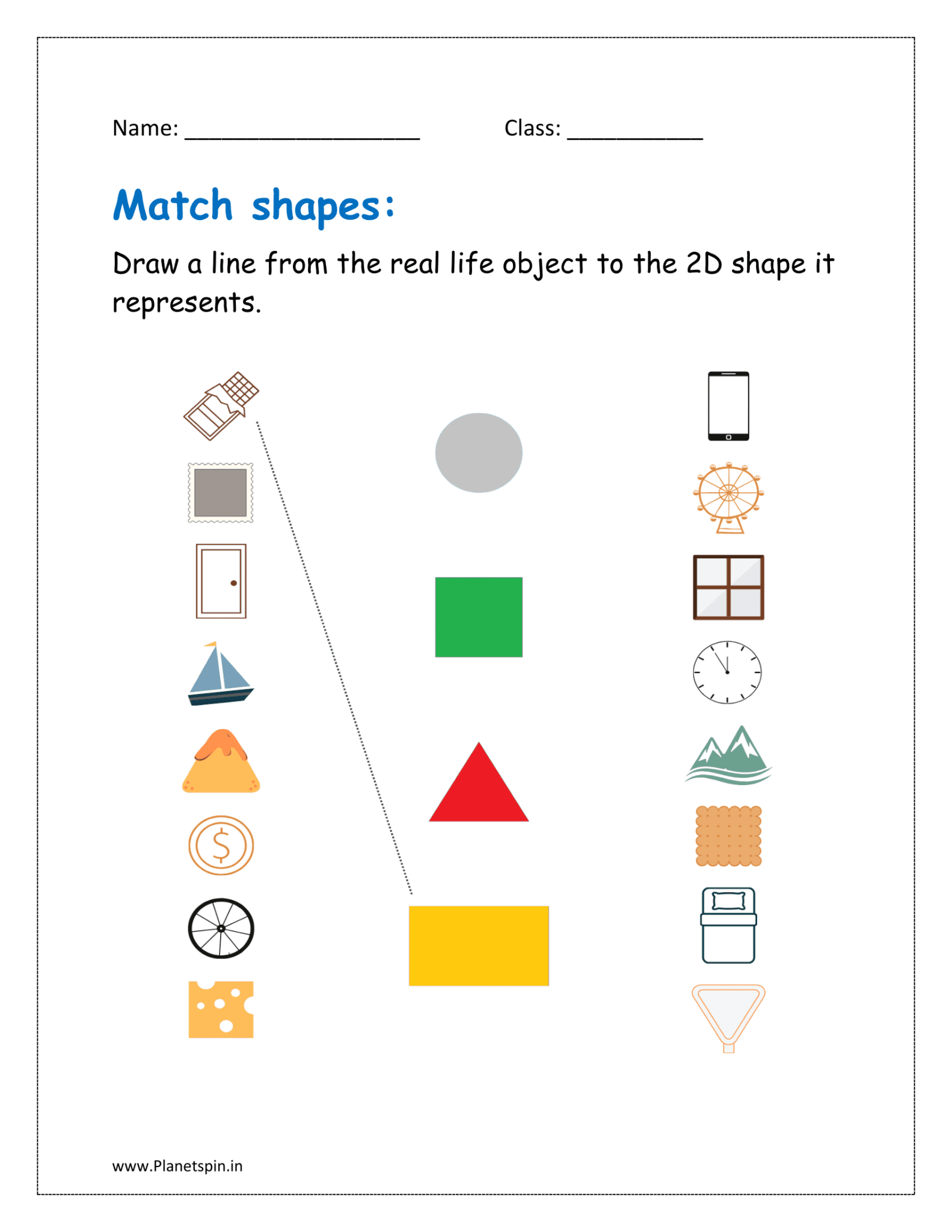 Matching shapes with objects worksheets | Planetspin.in