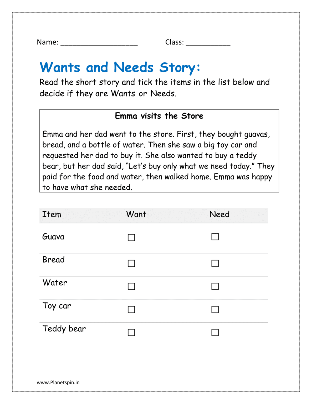 Worksheets on needs and wants for 1st grade | Planetspin.in