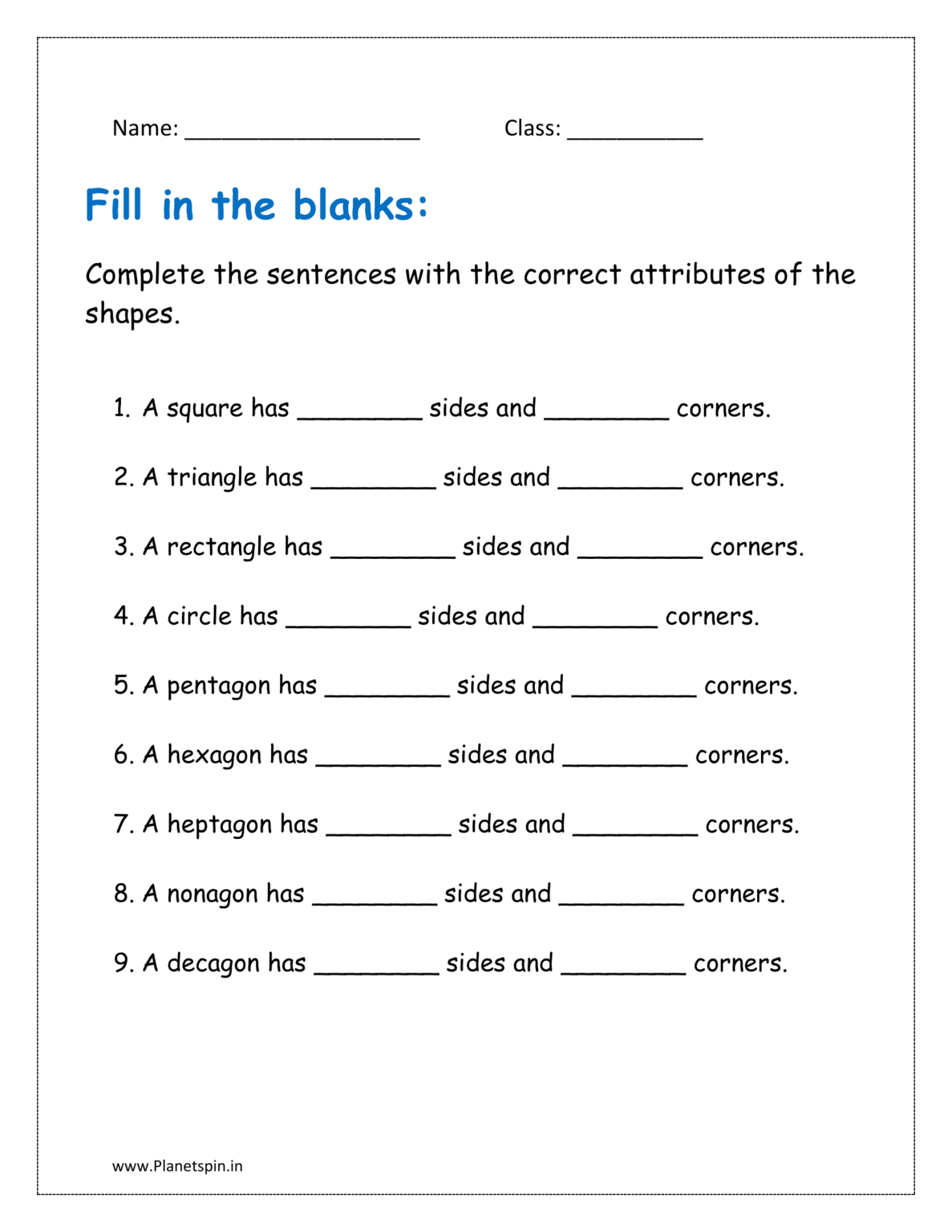 Attributes of 2D shapes worksheet for grade 1 | Planetspin.in