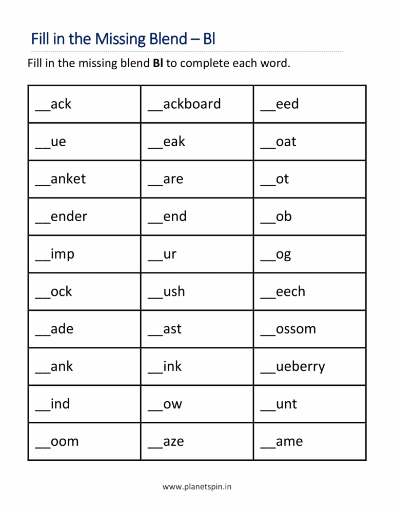Bl blends worksheet for kindergarten | Planetspin.in