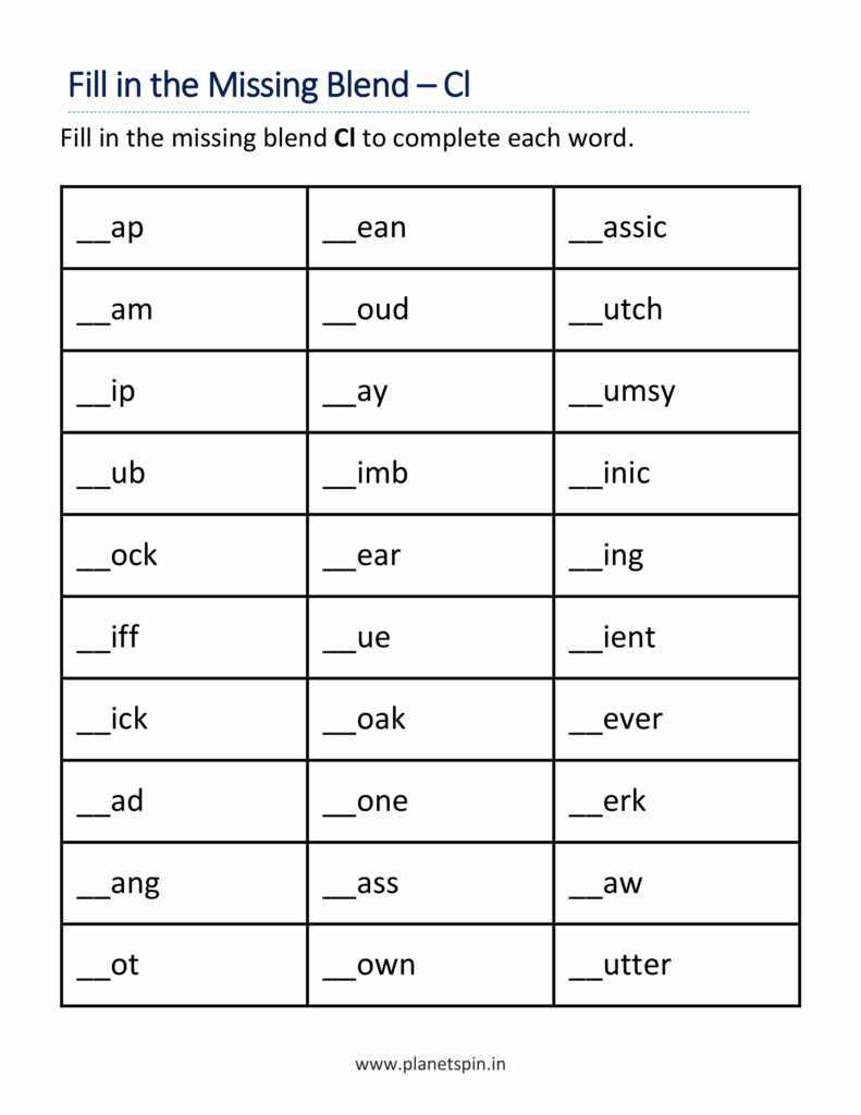 Cl blends worksheet for kindergarten | Planetspin.in