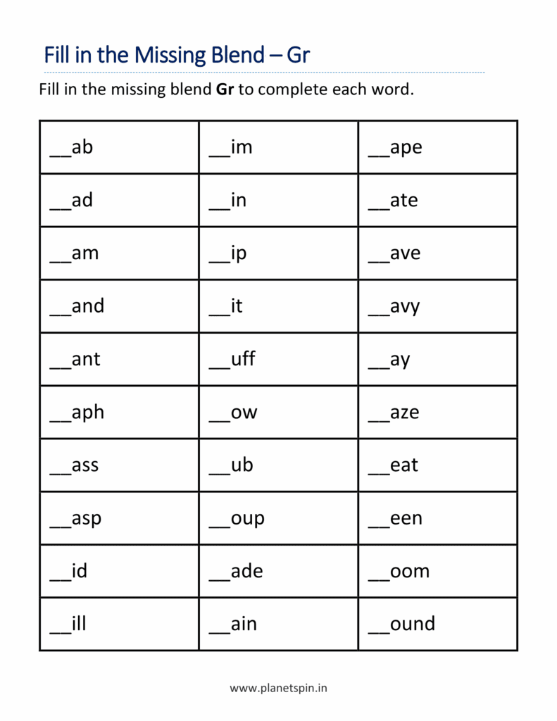 Gr blends worksheets for kindergarten (Free Printable PDF)