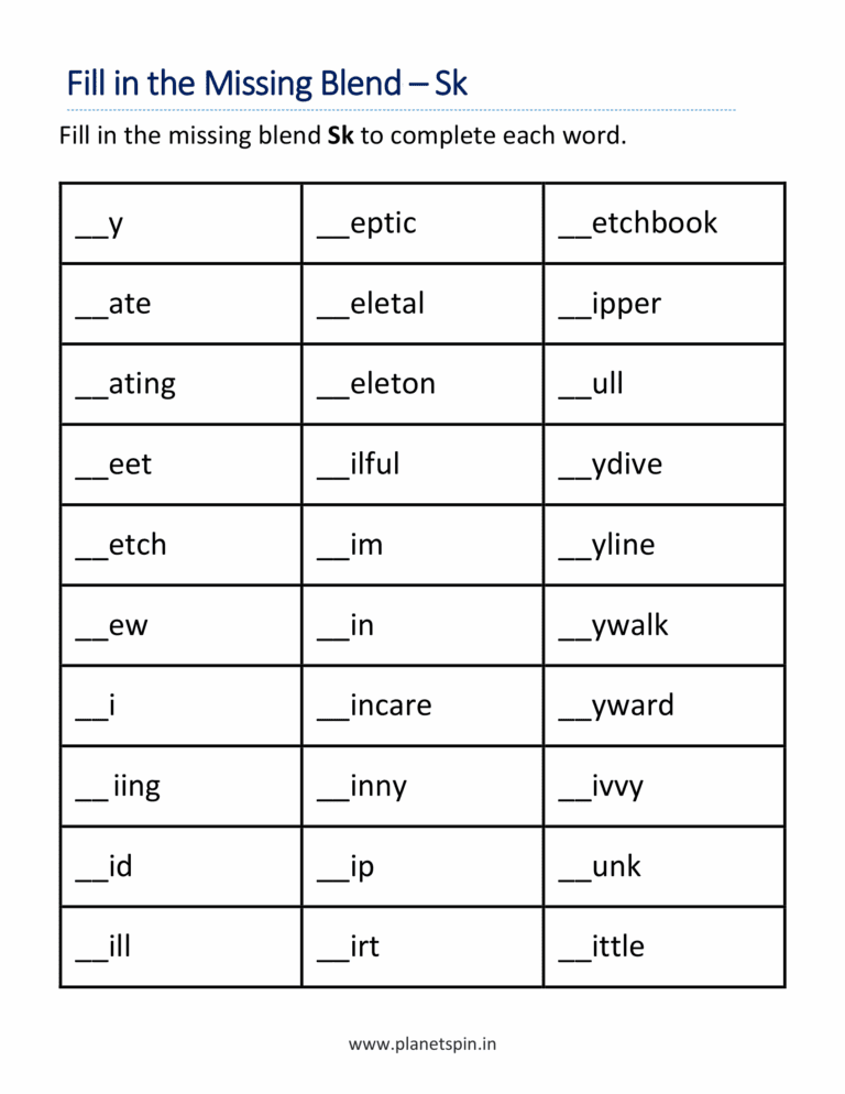 Free printable sk blends worksheets PDF for kindergarten