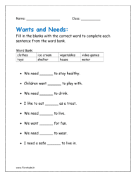 Worksheets on needs and wants for 1st grade | Planetspin.in