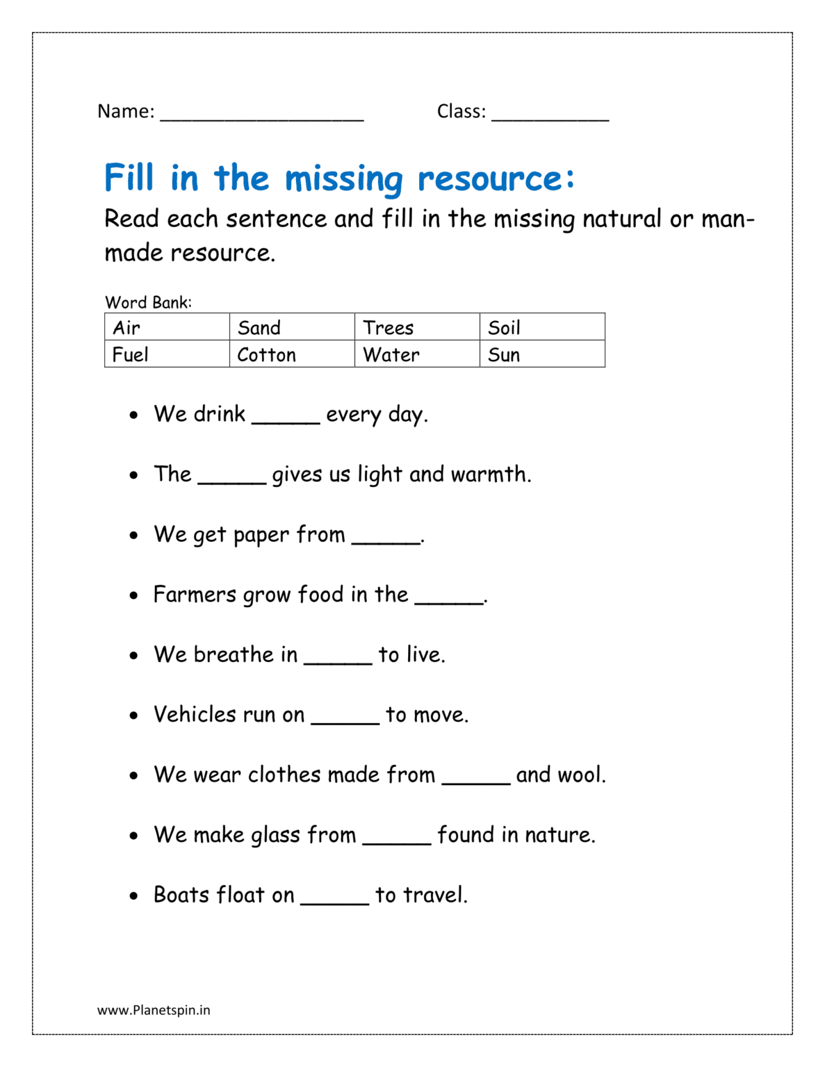 Natural resources worksheet | Planetspin.in