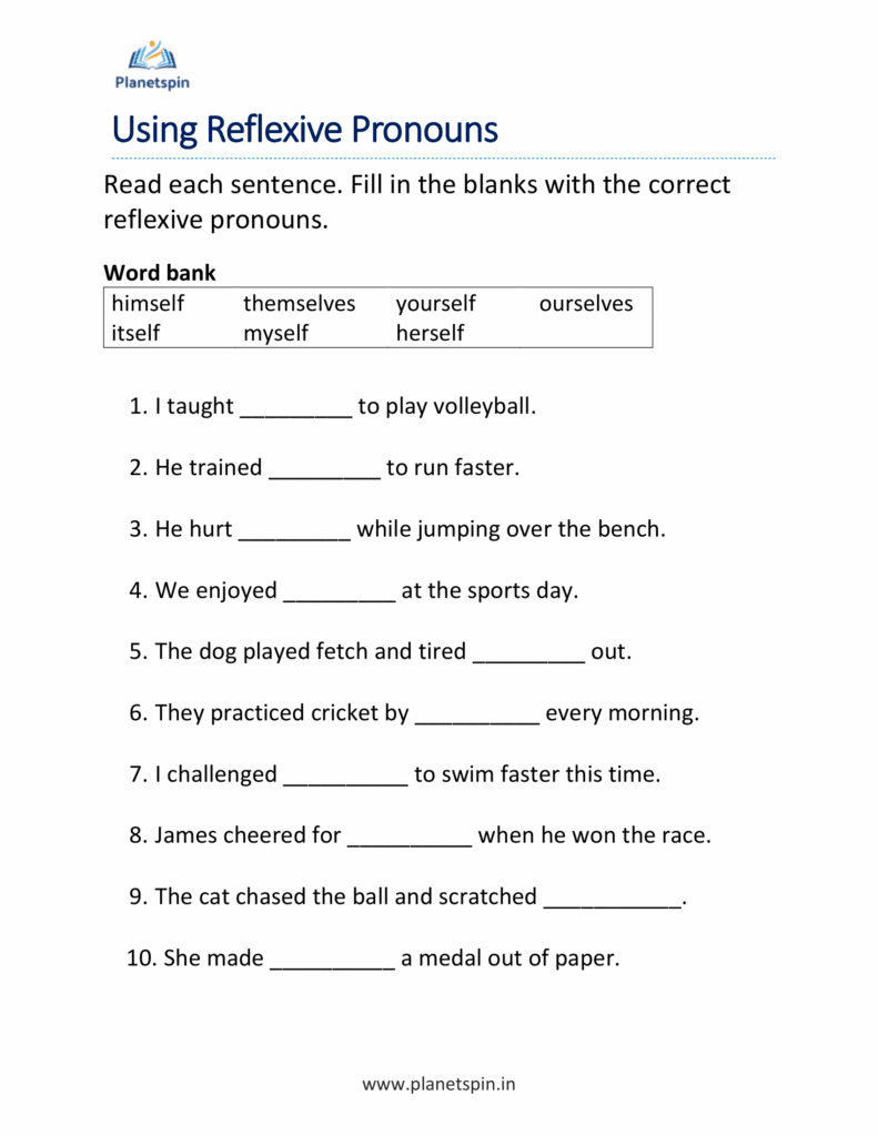 Reflexive pronoun worksheet for grade 2 | Planetspin.in
