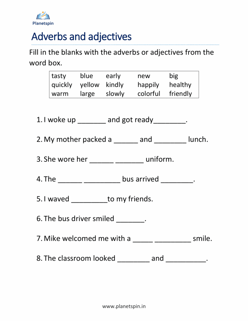 Adjective and adverbs worksheet for grade 2 | Planetspin.in