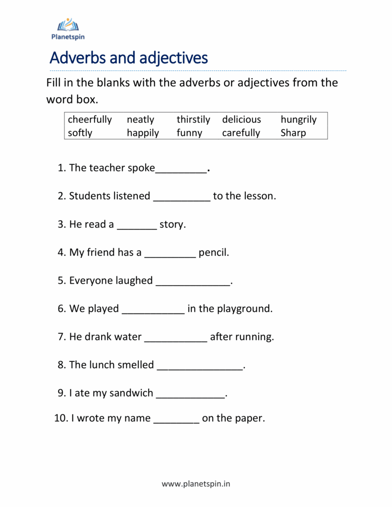Adjective and adverbs worksheet for grade 2 | Planetspin.in