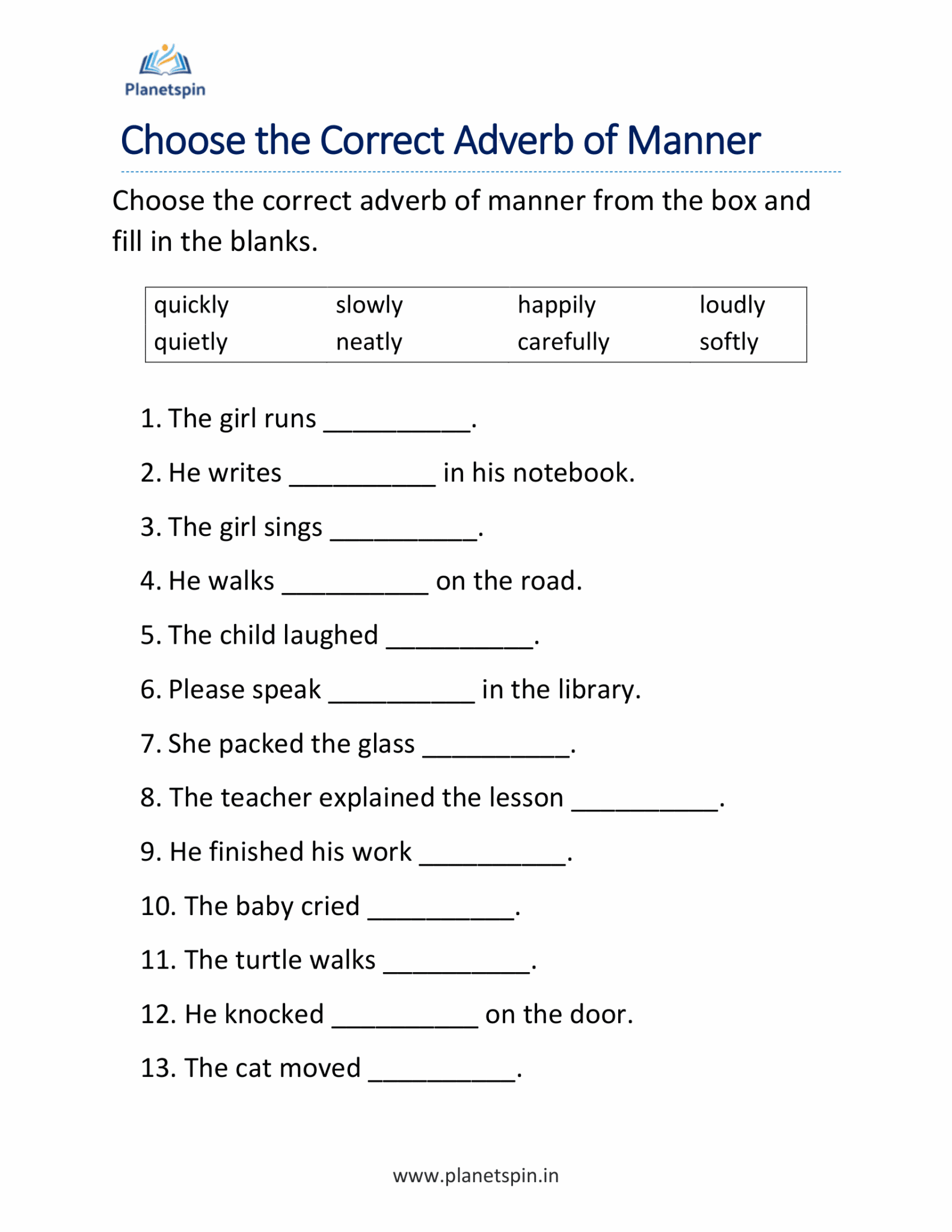 Adverbs of manner worksheet for grade 2 | Planetspin.in