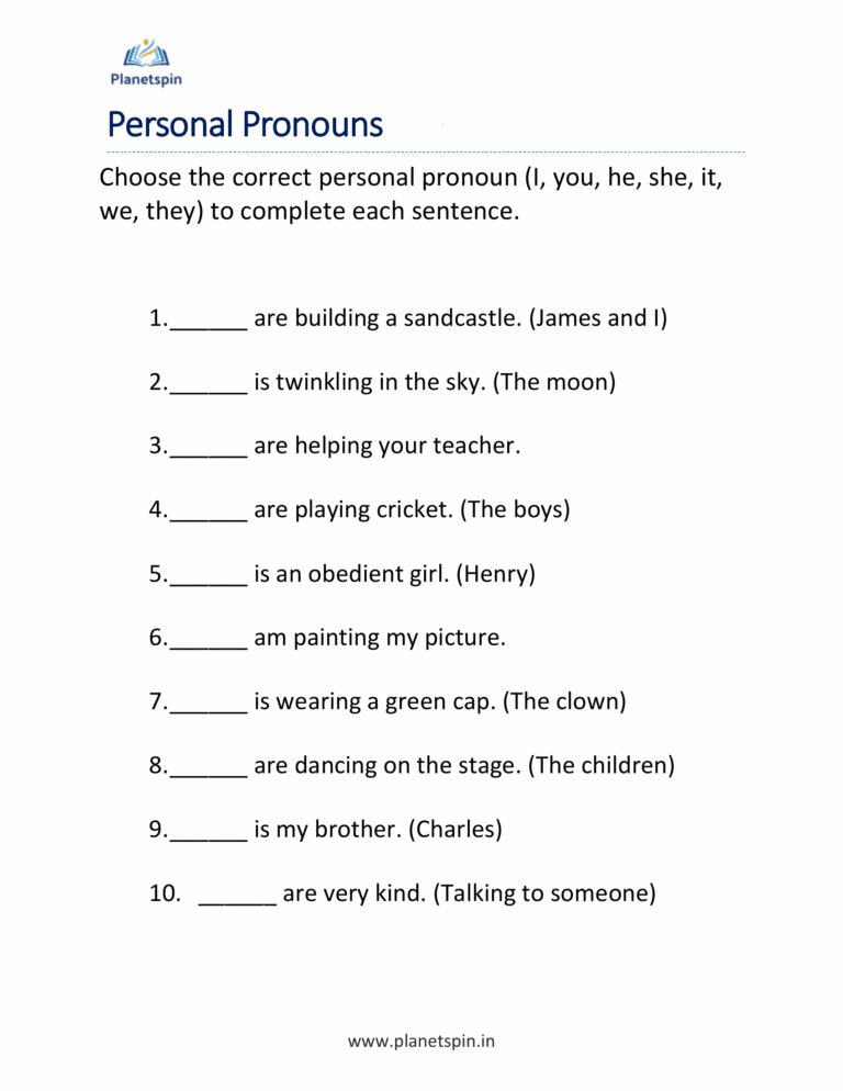 Personal pronouns worksheets for grade 2 | Planetspin.in