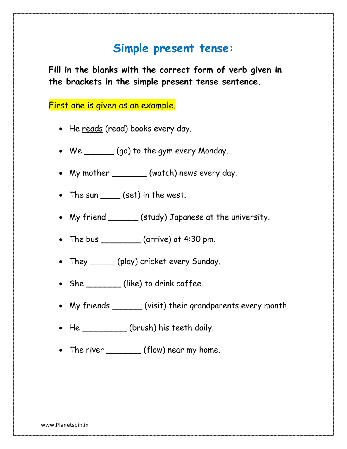 Present tense worksheet grade 1 | Planetspin.in
