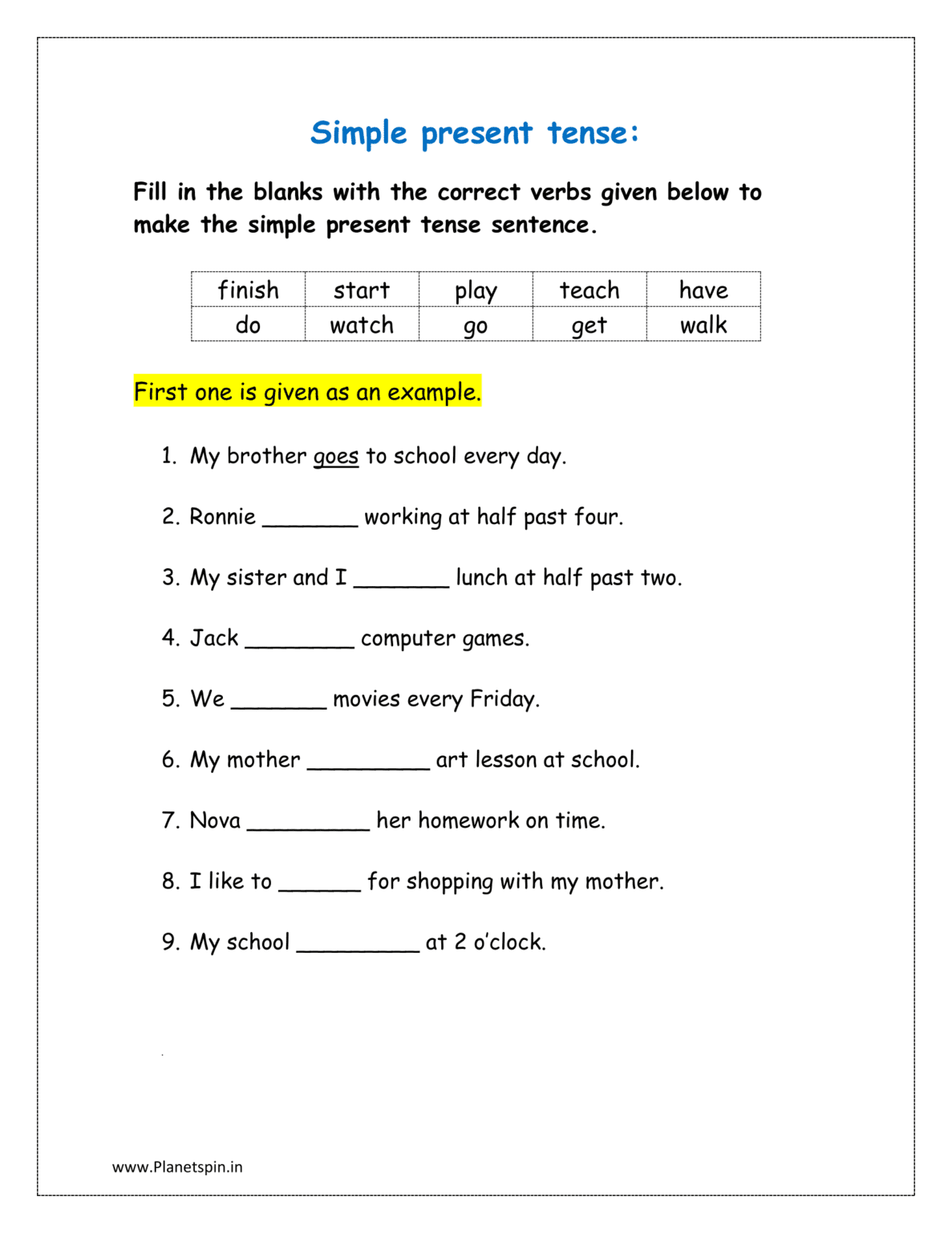 Present tense worksheet grade 1 | Planetspin.in