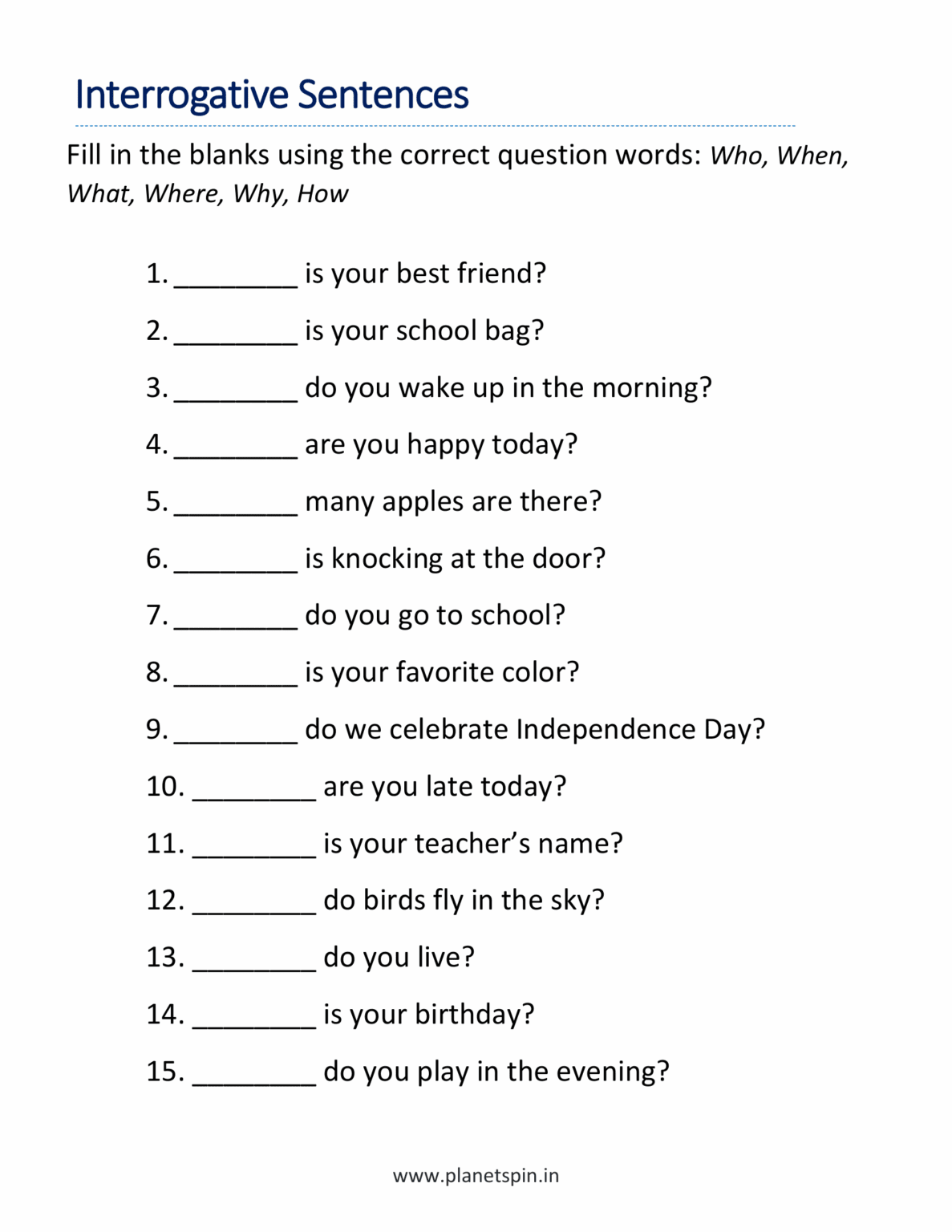 Interrogative sentences worksheet for grade 2 | Planetspin.in