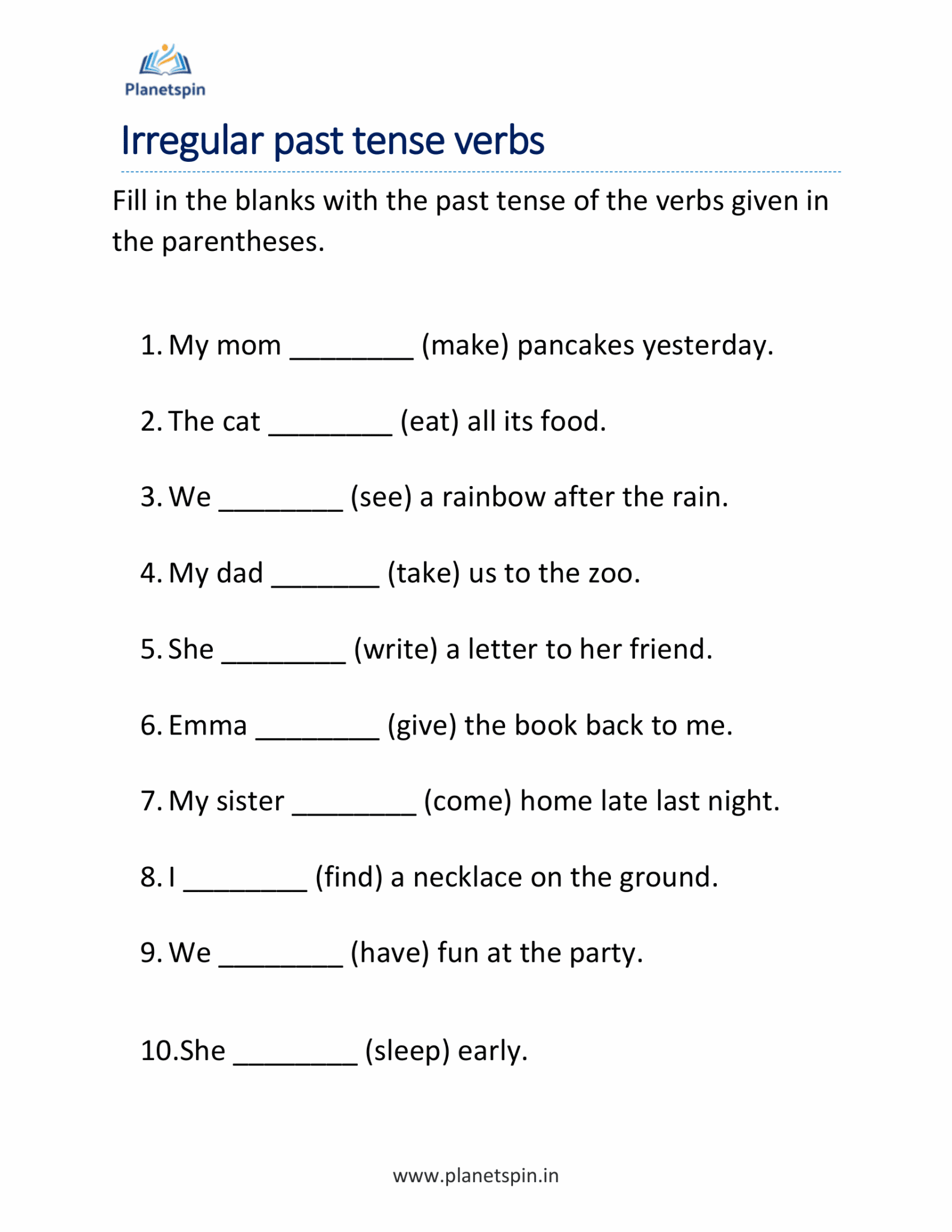 Past form of irregular verbs worksheet for grade 2 | Planetspin.in