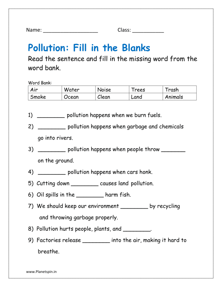 Water pollution worksheet for kindergarten | Planetspin.in