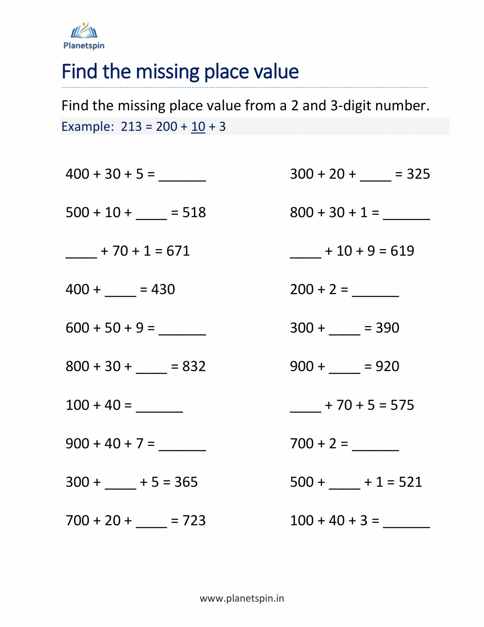 Place value missing numbers worksheets for grade 2 | Planetspin.in
