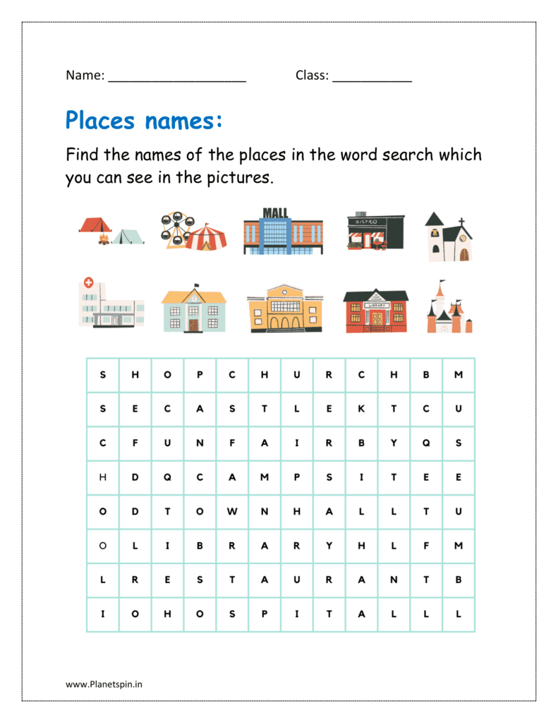 Places in town worksheet for kindergarten | Planetspin.in
