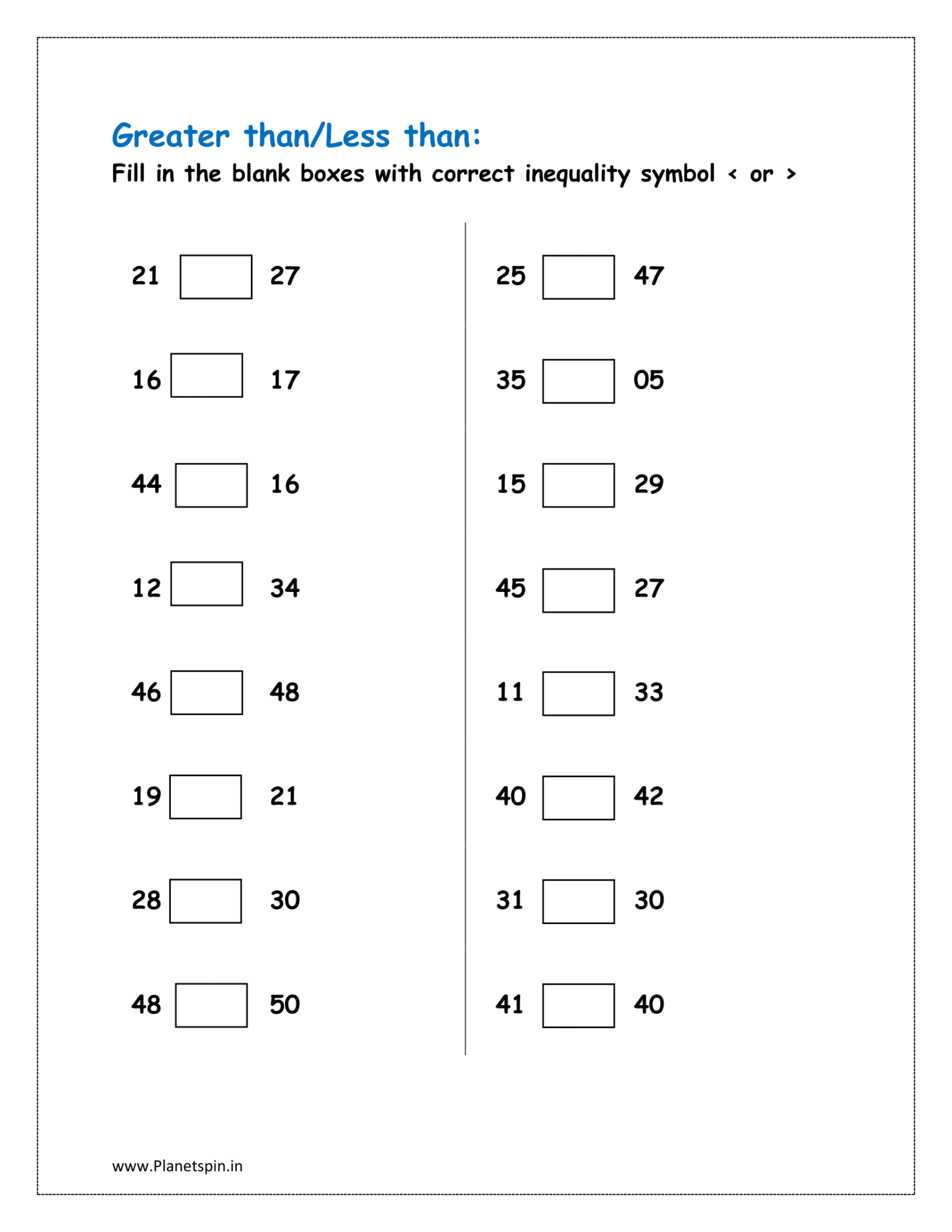 Greater than less than worksheets grade 1 | Planetspin.in