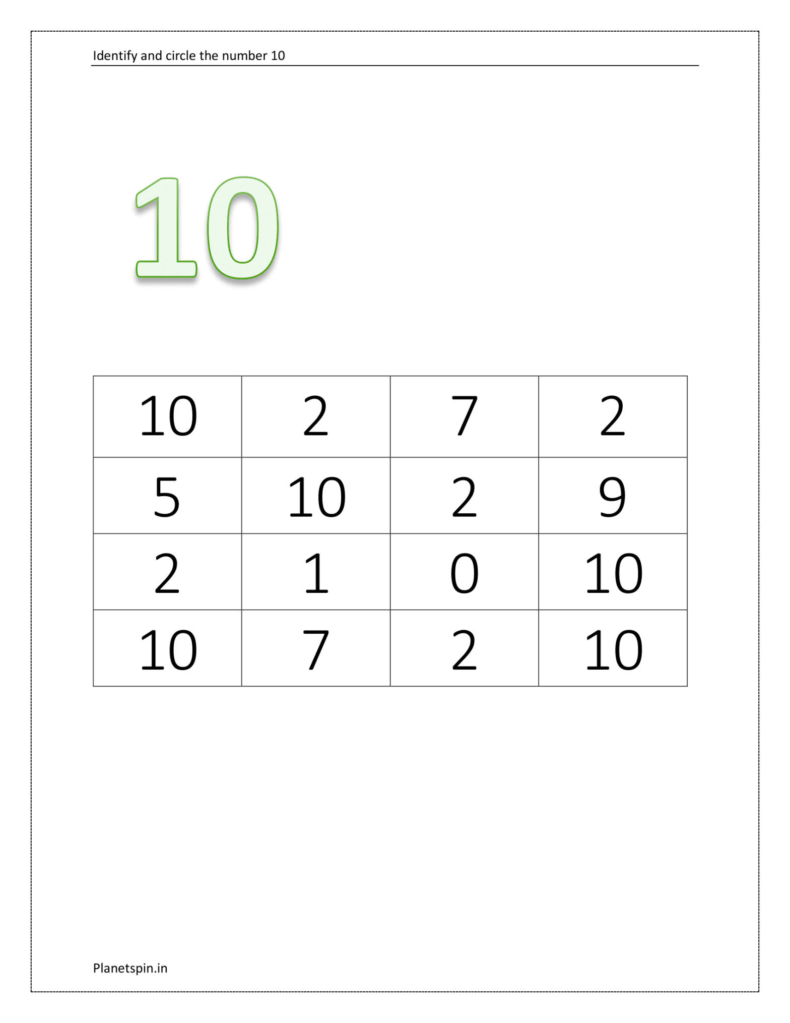 Tracing number 10 worksheets | Planetspin.in