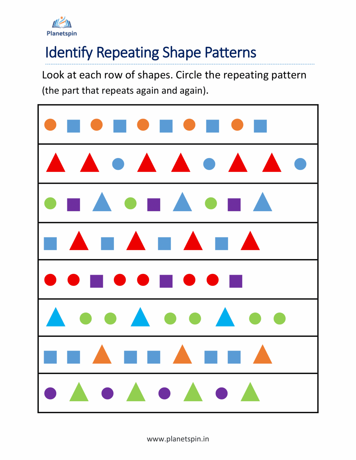 Shape pattern worksheets for kindergarten | Planetspin.in