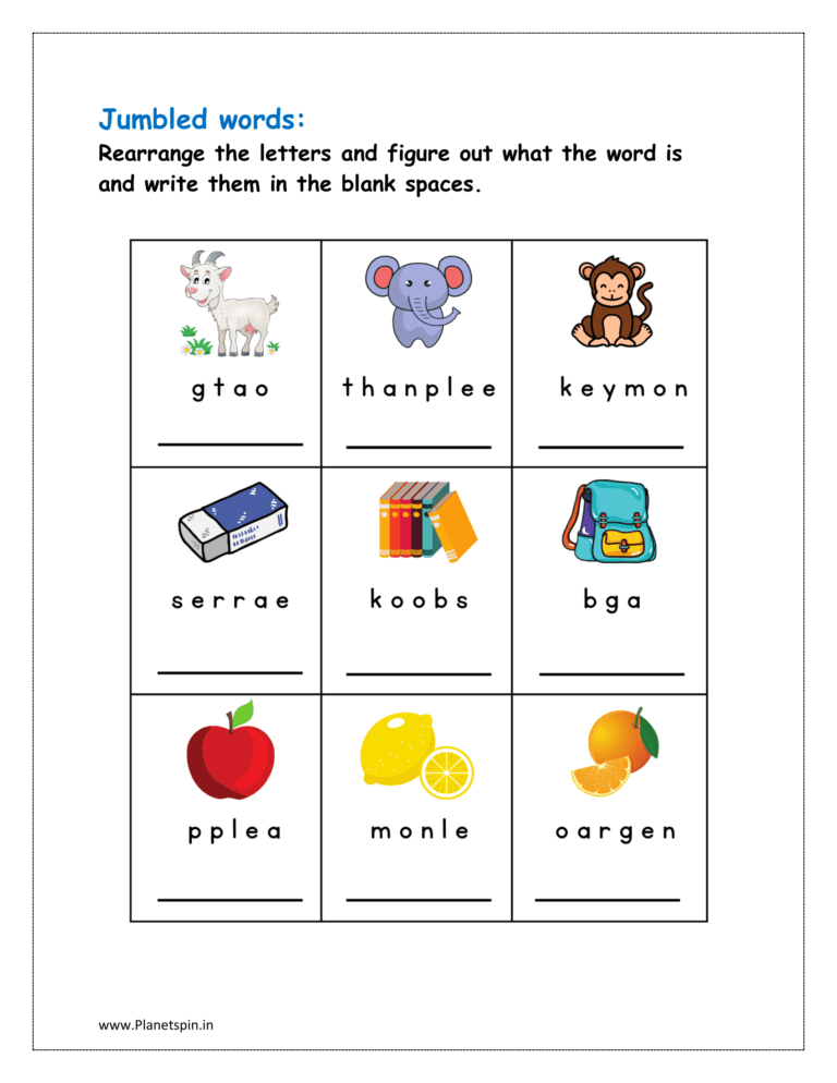 Jumble letter worksheet for grade 1 | Planetspin.in