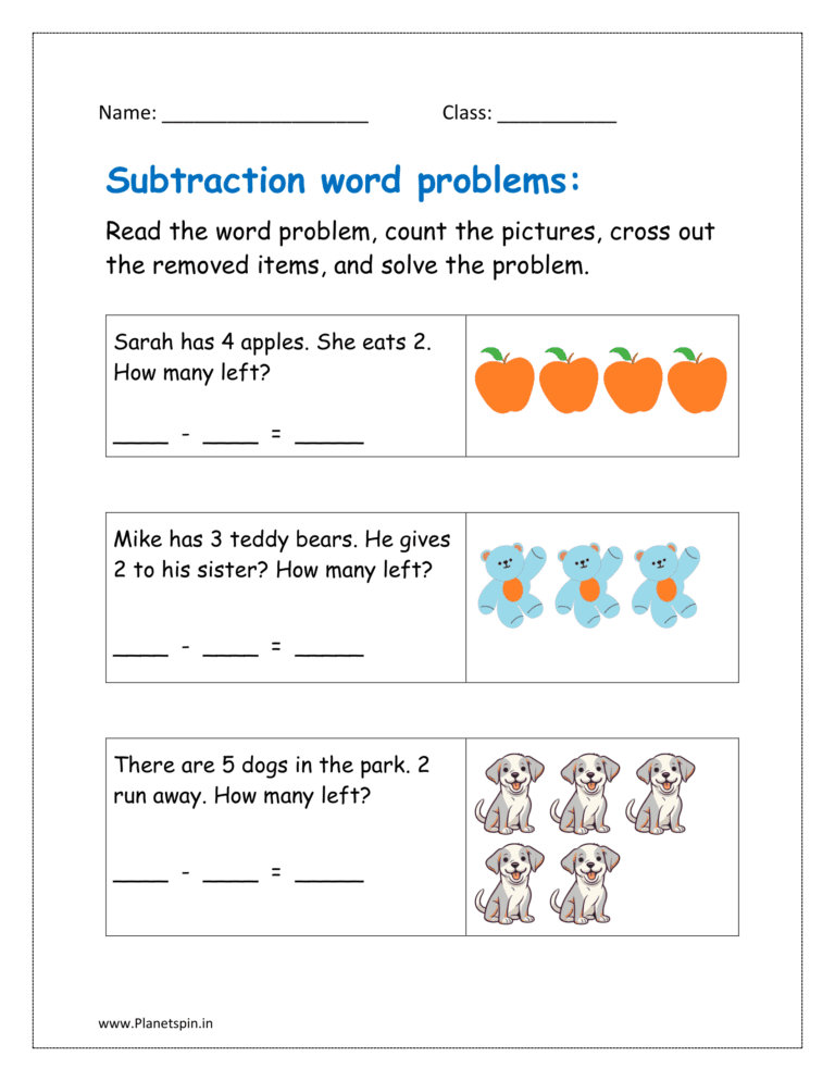 Subtraction word problems for kindergarten | Planetspin.in