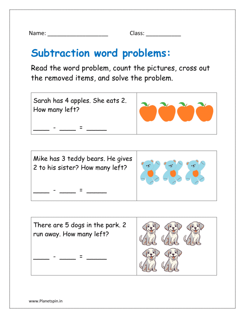 Subtraction word problems for kindergarten | Planetspin.in
