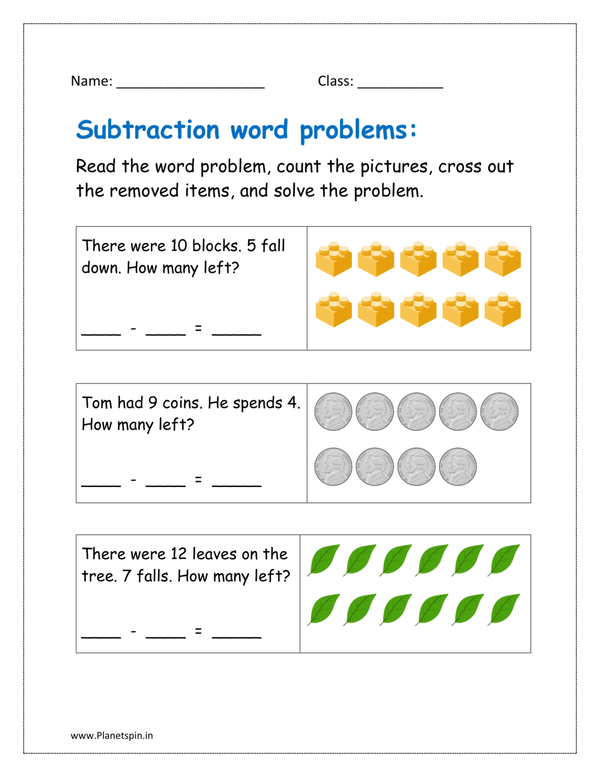 Subtraction word problems for kindergarten | Planetspin.in