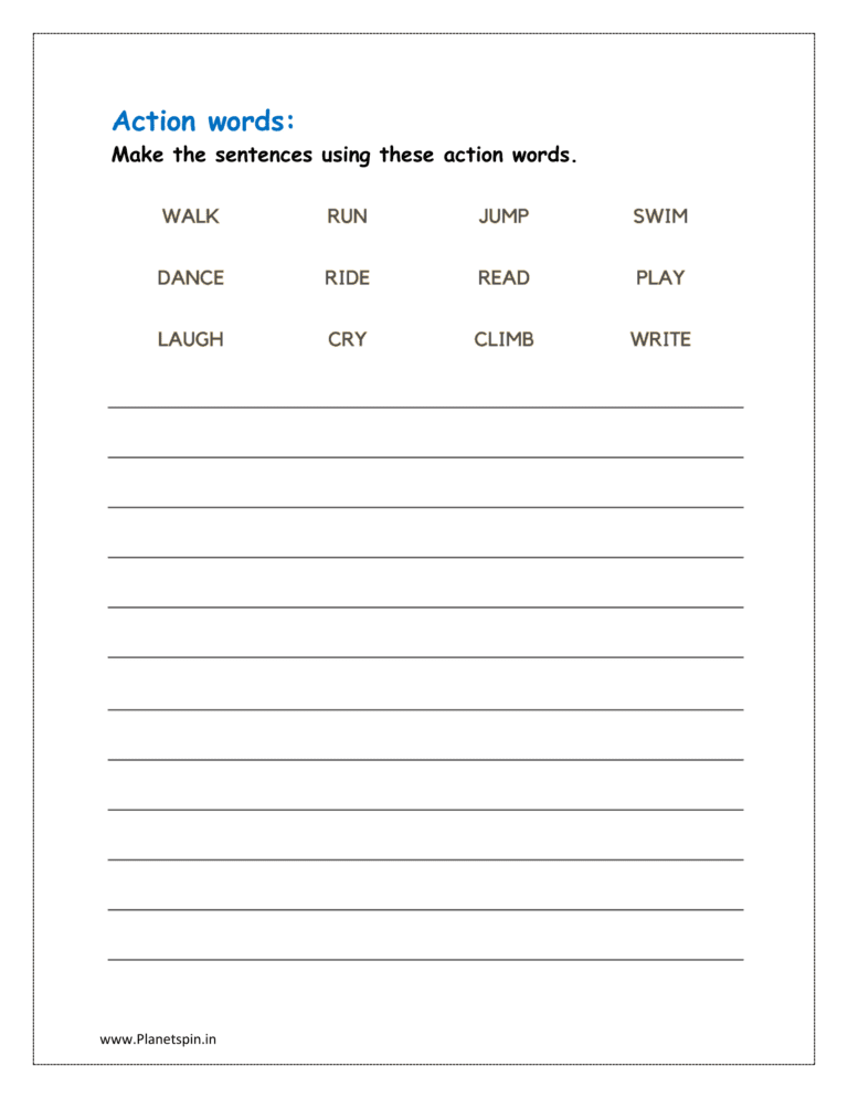 Action words worksheet with pictures | Planetspin.in