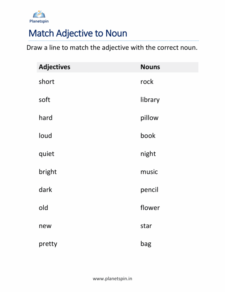 Nouns adjectives worksheet matching for grade 1 | Planetspin.in