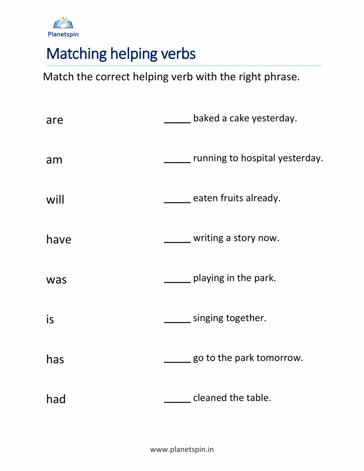 Helping verbs worksheet grade 2 | Planetspin.in