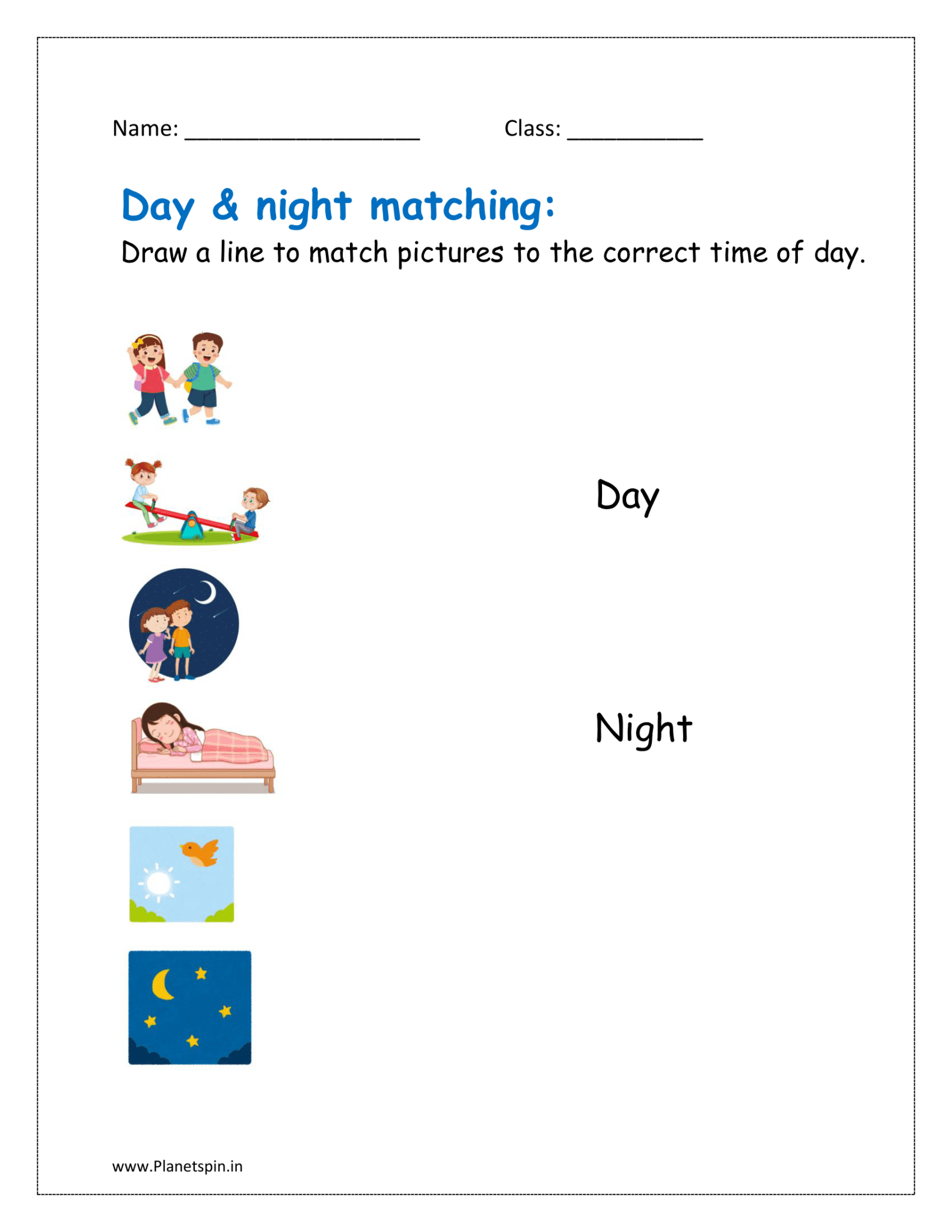 Day and night worksheet for grade 1 | Planetspin.in