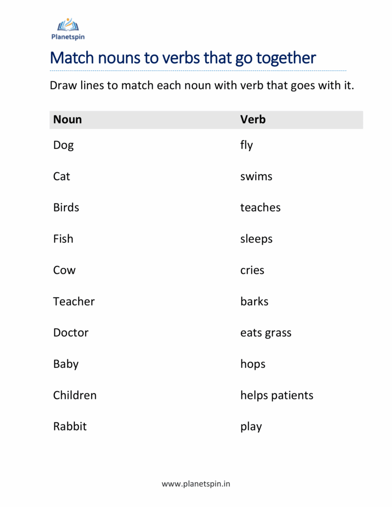 Identifying nouns and verbs worksheet in sentences for grade 2