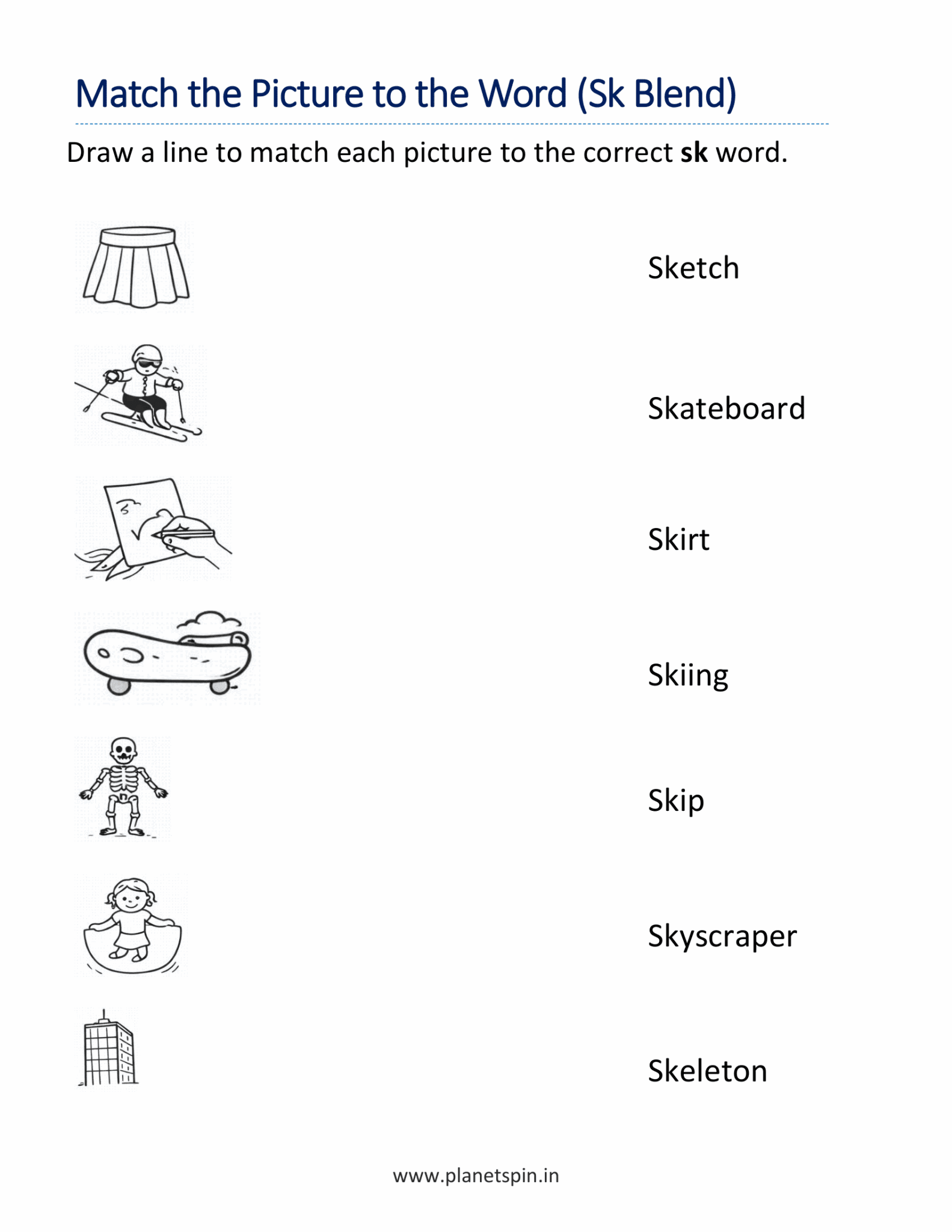 Free printable sk blends worksheets PDF for kindergarten