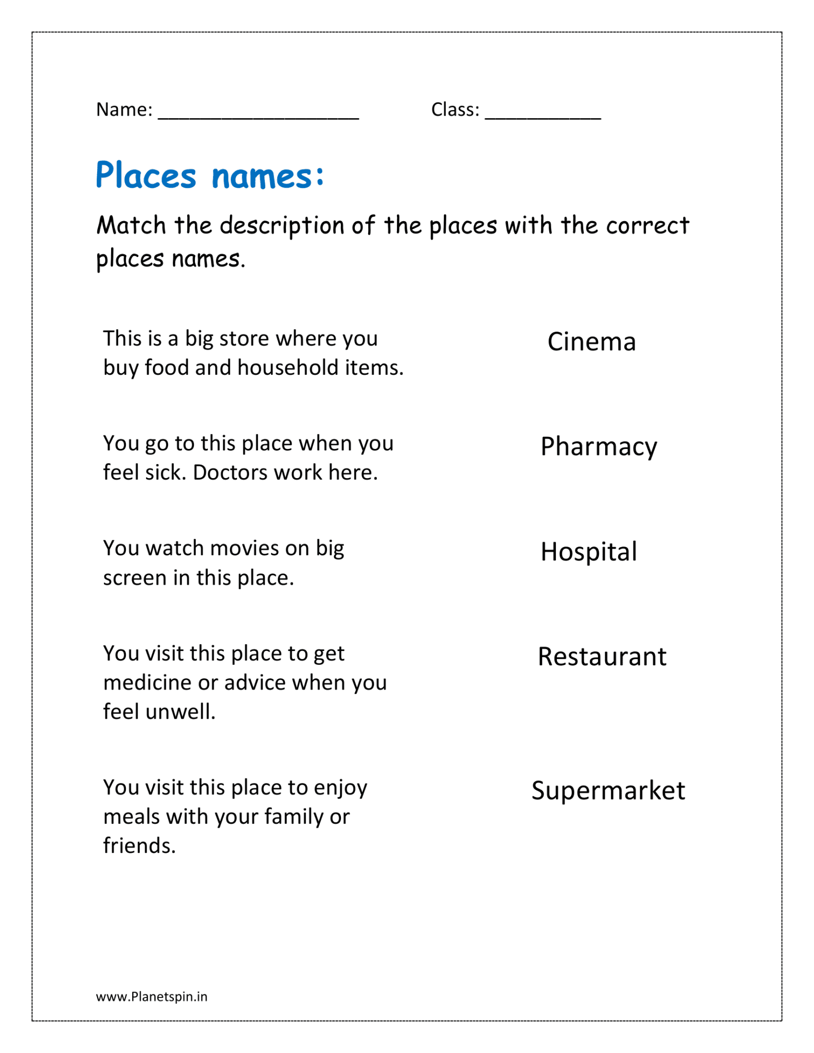 Places in town worksheet for kindergarten | Planetspin.in