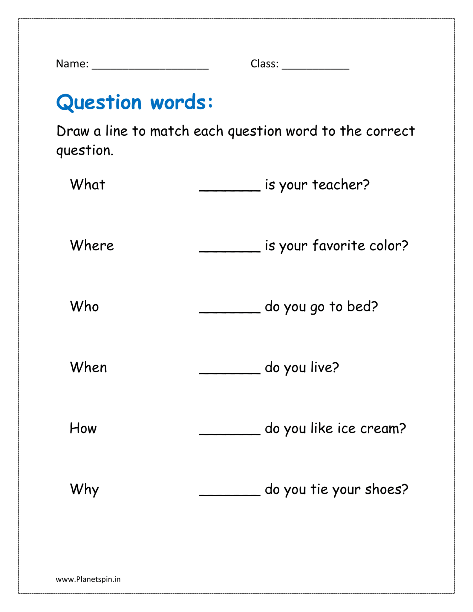 Question words worksheet for class 1 | Planetspin.in