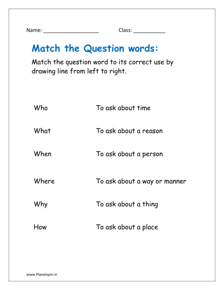 Question words worksheet for class 1 | Planetspin.in