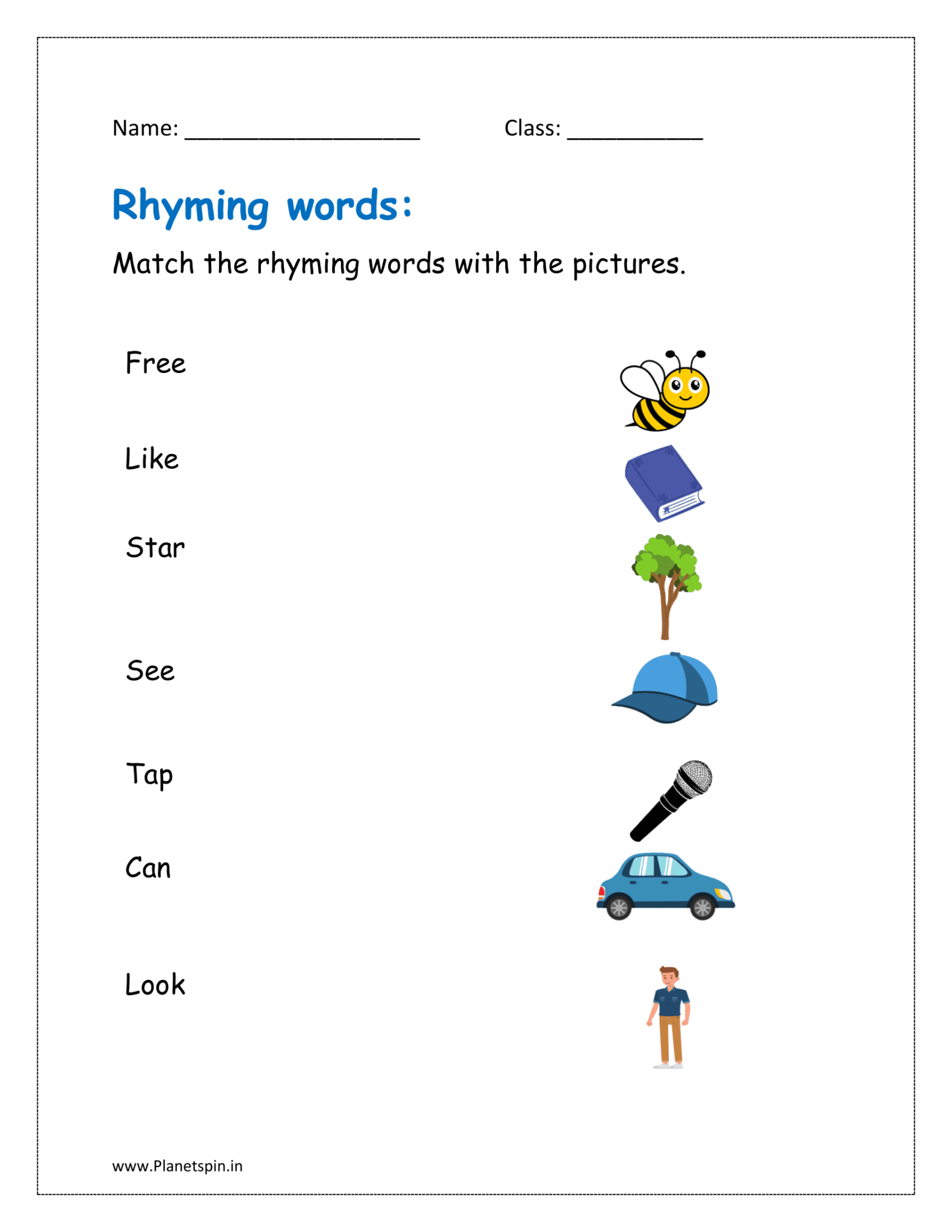 Rhyming words worksheet for grade 1 | Planetspin.in