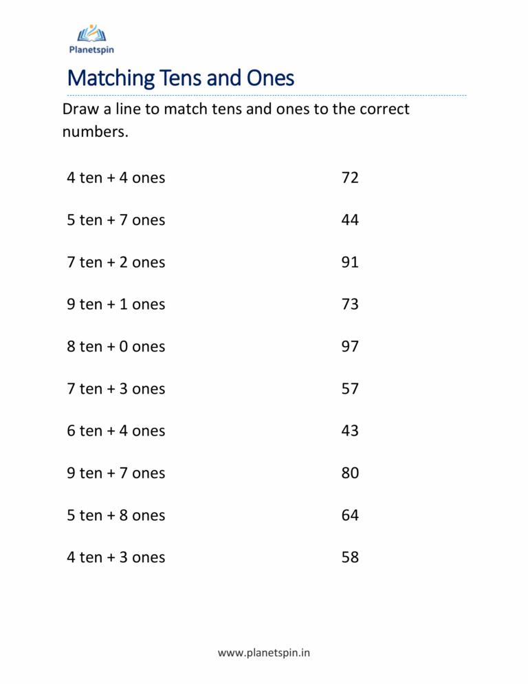 Tens and ones matching worksheet for kindergarten | Planetspin.in