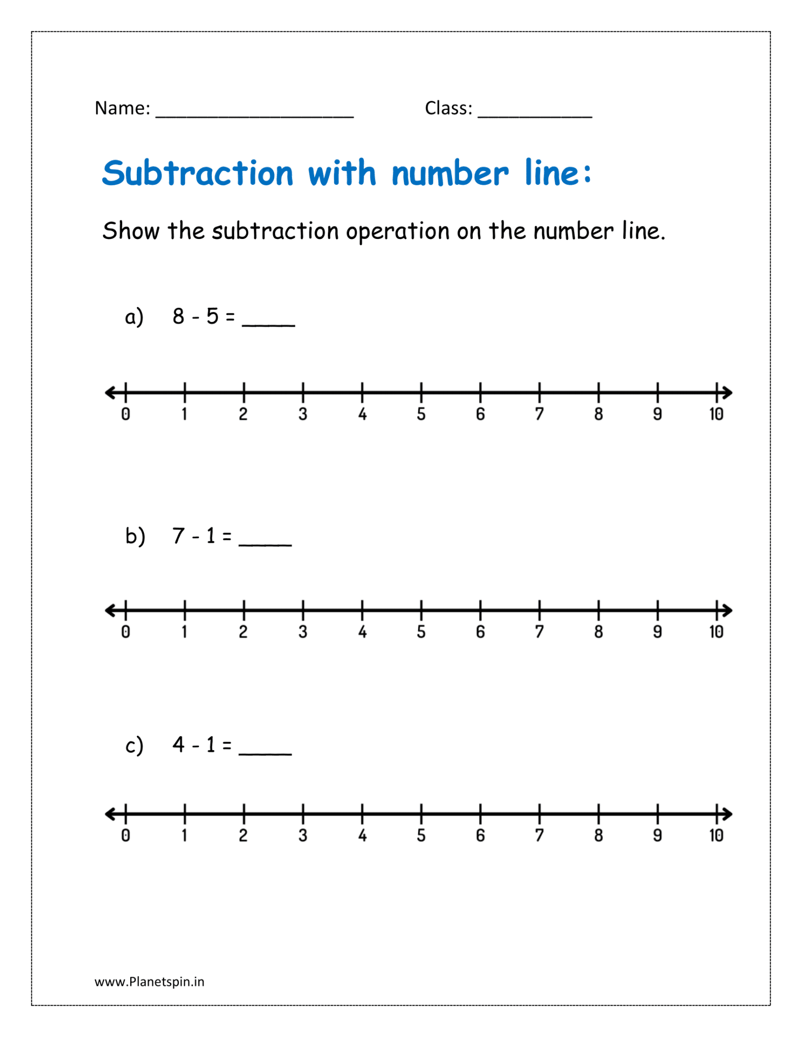 Number line subtraction worksheets PDF for grade 1
