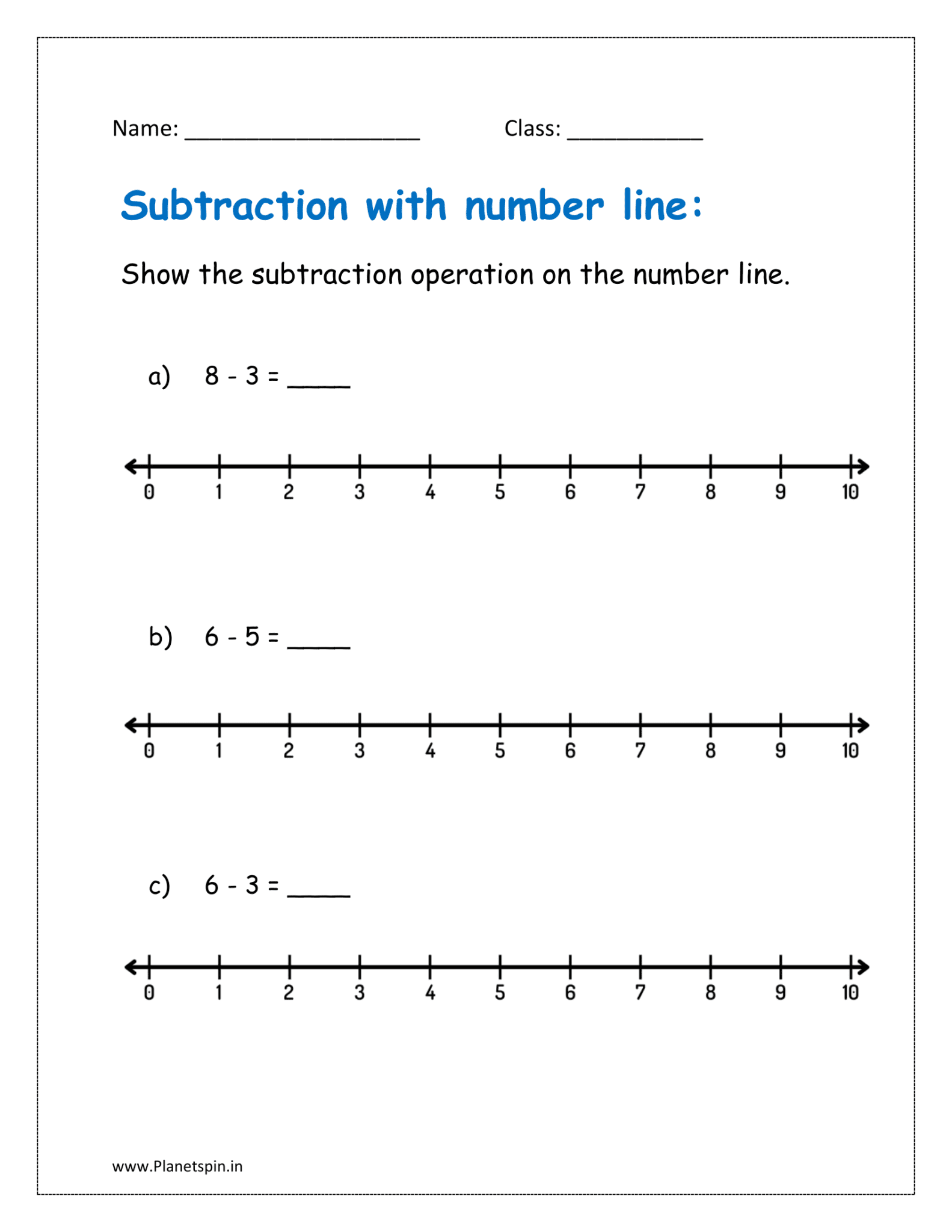 Number line subtraction worksheets PDF for grade 1