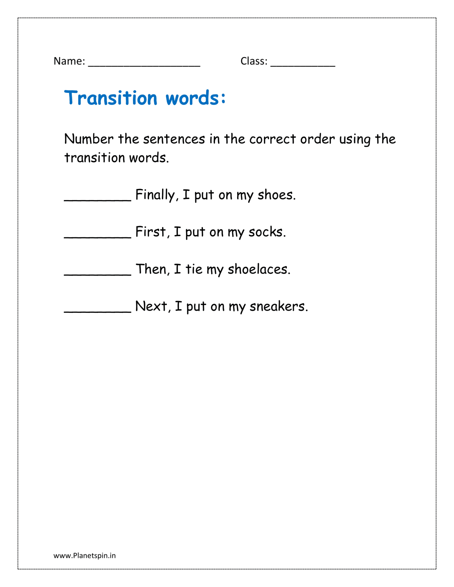 Transition words worksheet for grade 1 | Planetspin.in