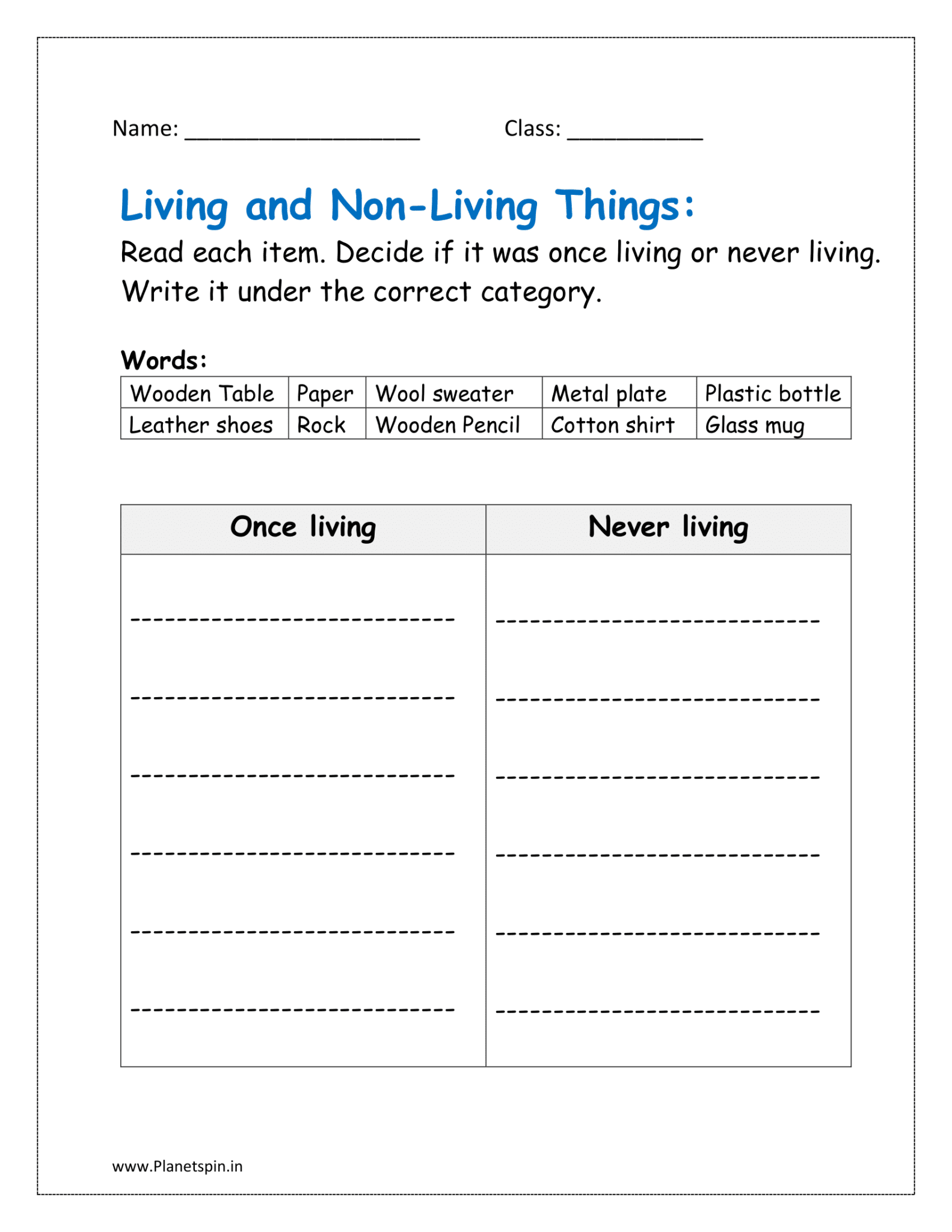 Living and non living things worksheet for grade 1