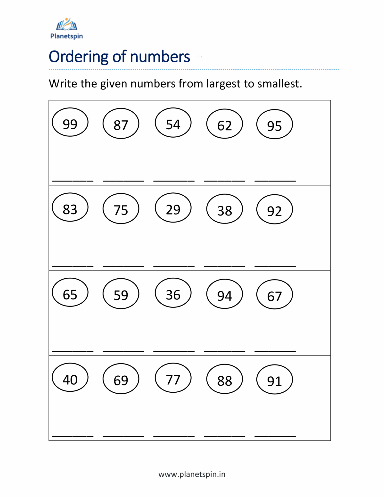 Ordering of numbers worksheets for grade 2 | Planetspin.in